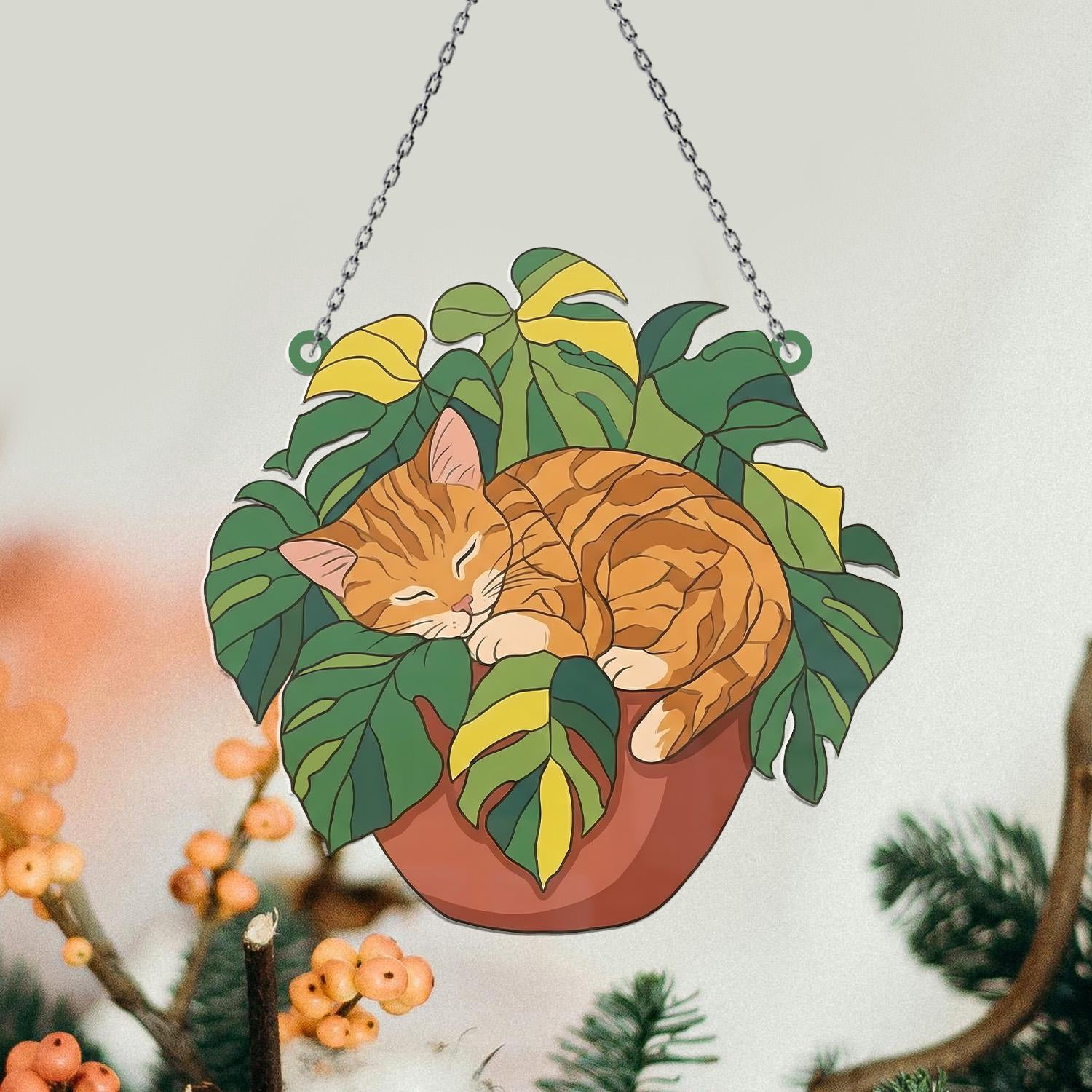 Cat Monstera Suncatcher Acrylic Ornament, Monstera Plant Window Hanging ...