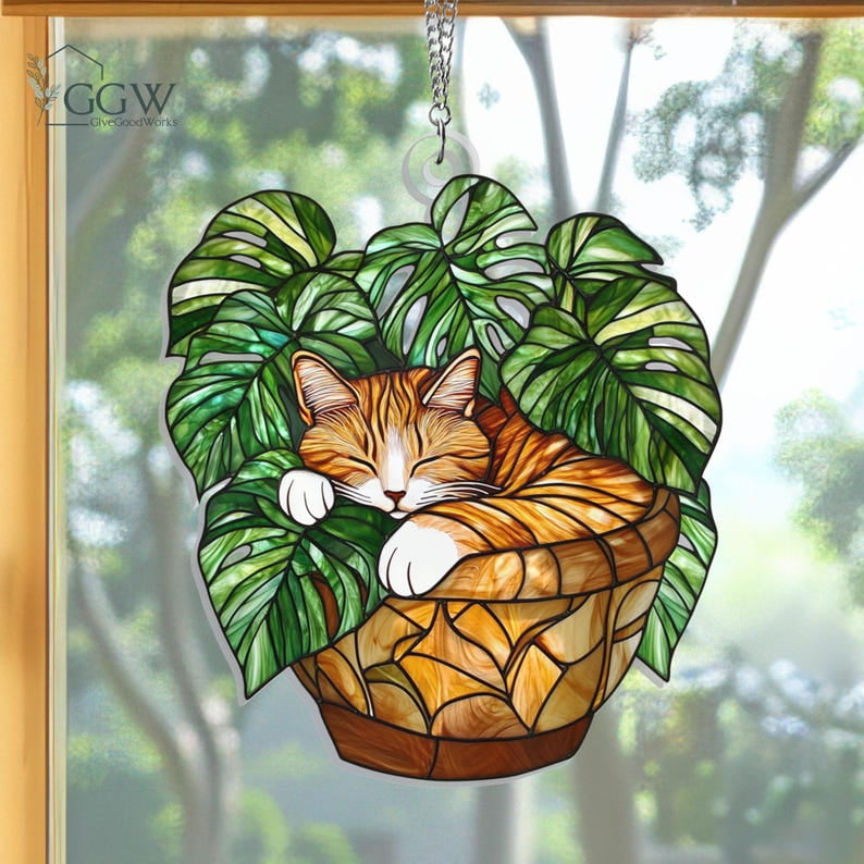 Cat Monstera Suncatcher Acrylic Ornament, Monstera Plant Window Hanging ...