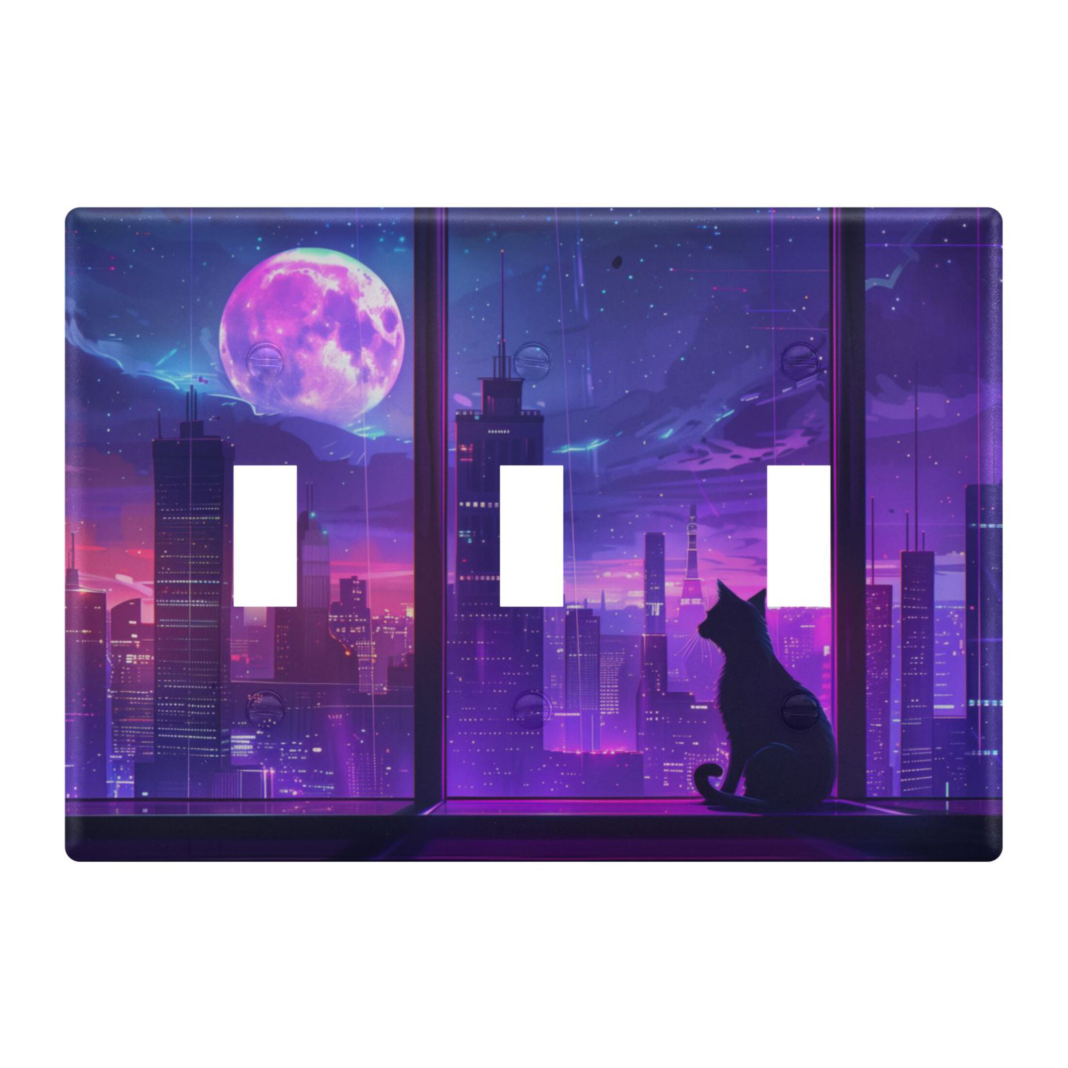 Cat Moon City Light Switch Plate Covers 3 Gang Wall Plate Plastics ...