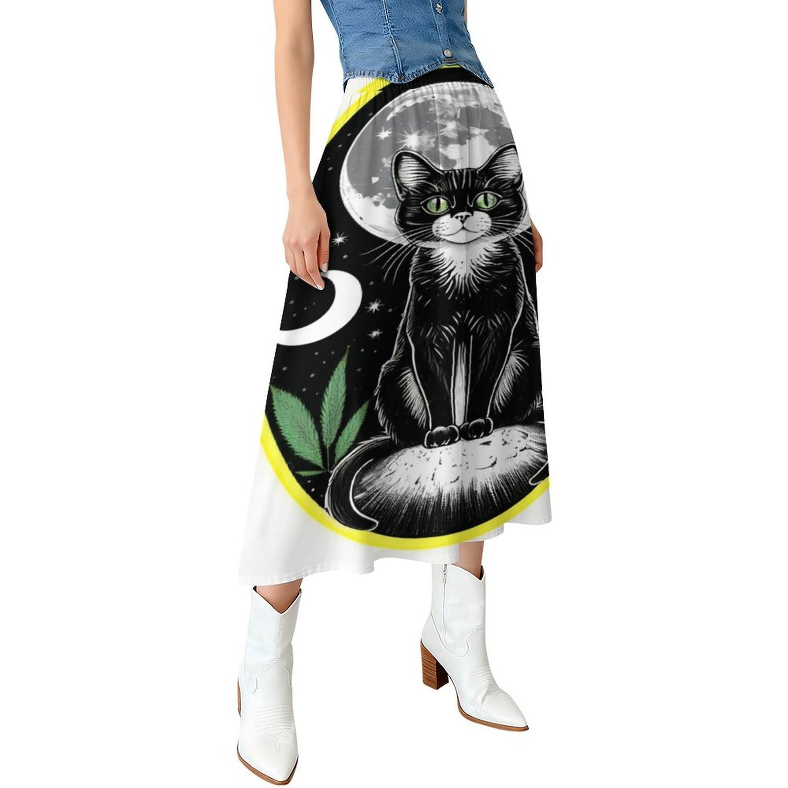 Cat Moon Mushroom Women High Waist Midi Skirt Elegant Midi Skirt High ...