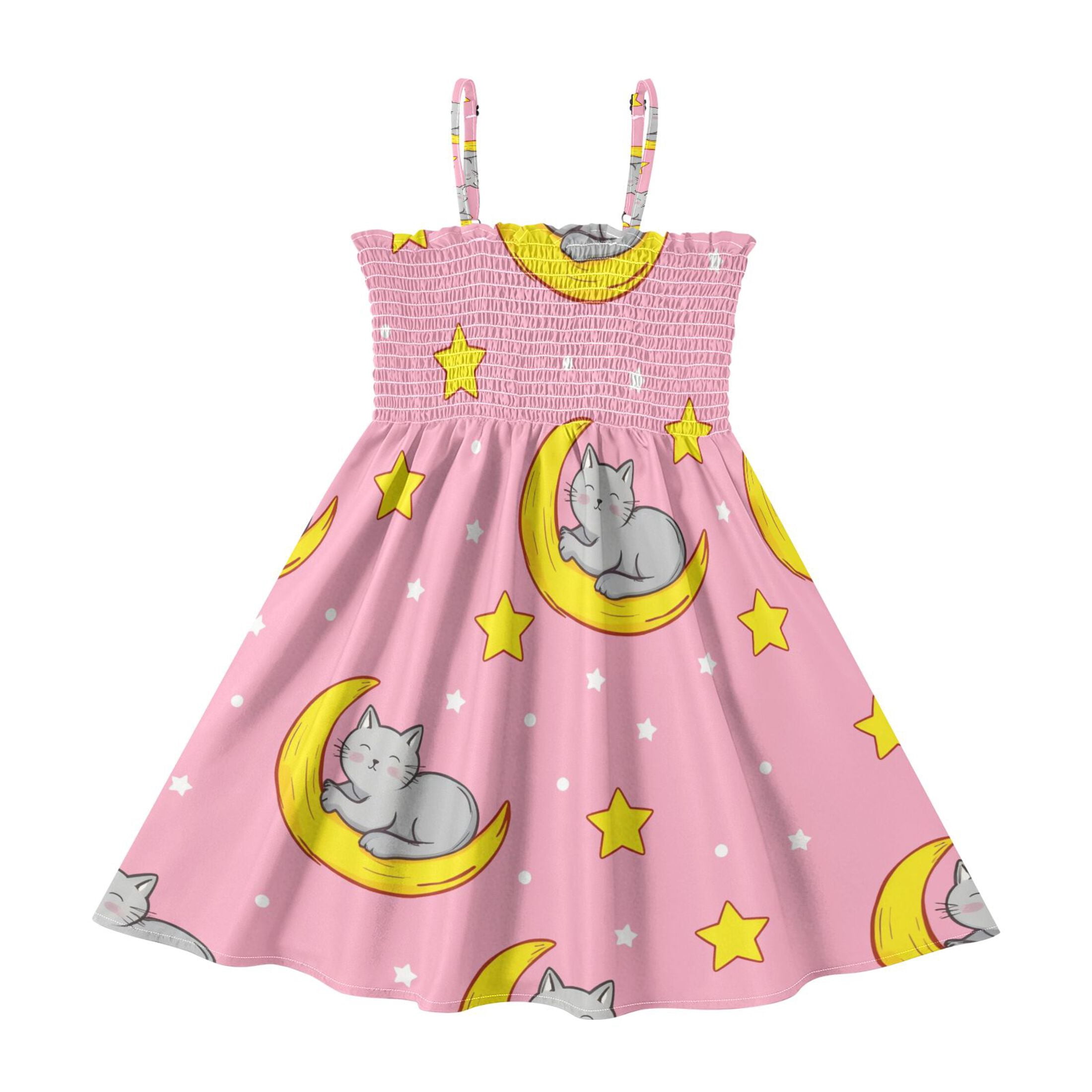 Cat Moon Pattern Girls' Casual Dresses 2Y-8Y Sleeveless Ruffle Neck for ...