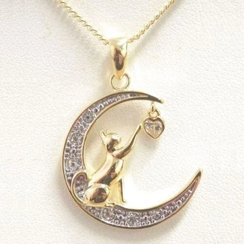 Cat Moon Pendant 1 Ct Round Cut Lab-Created Diamond 14K Yellow Gold ...