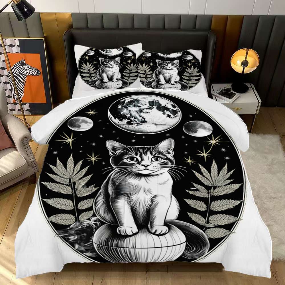 Cat Moon Phases Tattoo Design Comforter Set Queen Size Bedding Set For ...