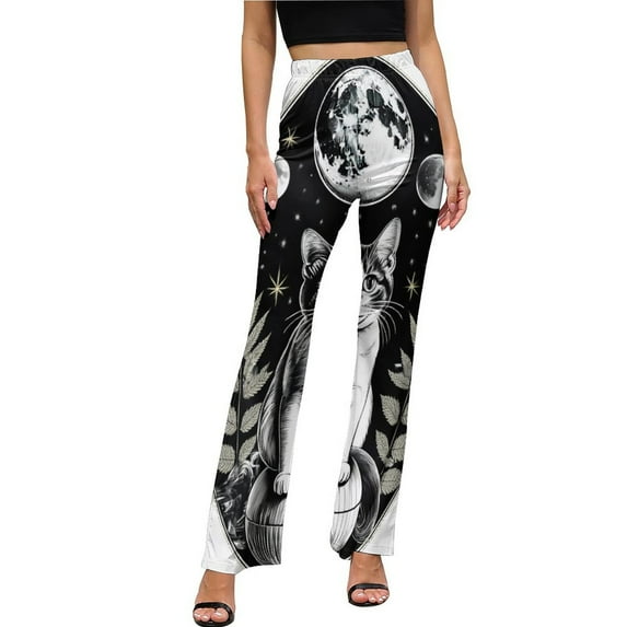 Cat Moon Phases Tattoo Design High Waisted Casual Flared Trousers ...