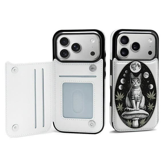 Cat Moon Phases Tattoo Design Leather Wallet Case for iPhone 15 Plus ...