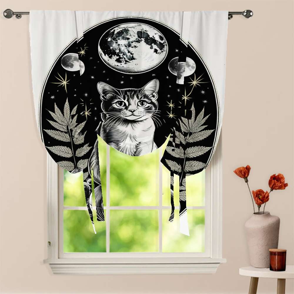 Cat Moon Phases Tattoo Design Window Curtain for Living Room Roman ...