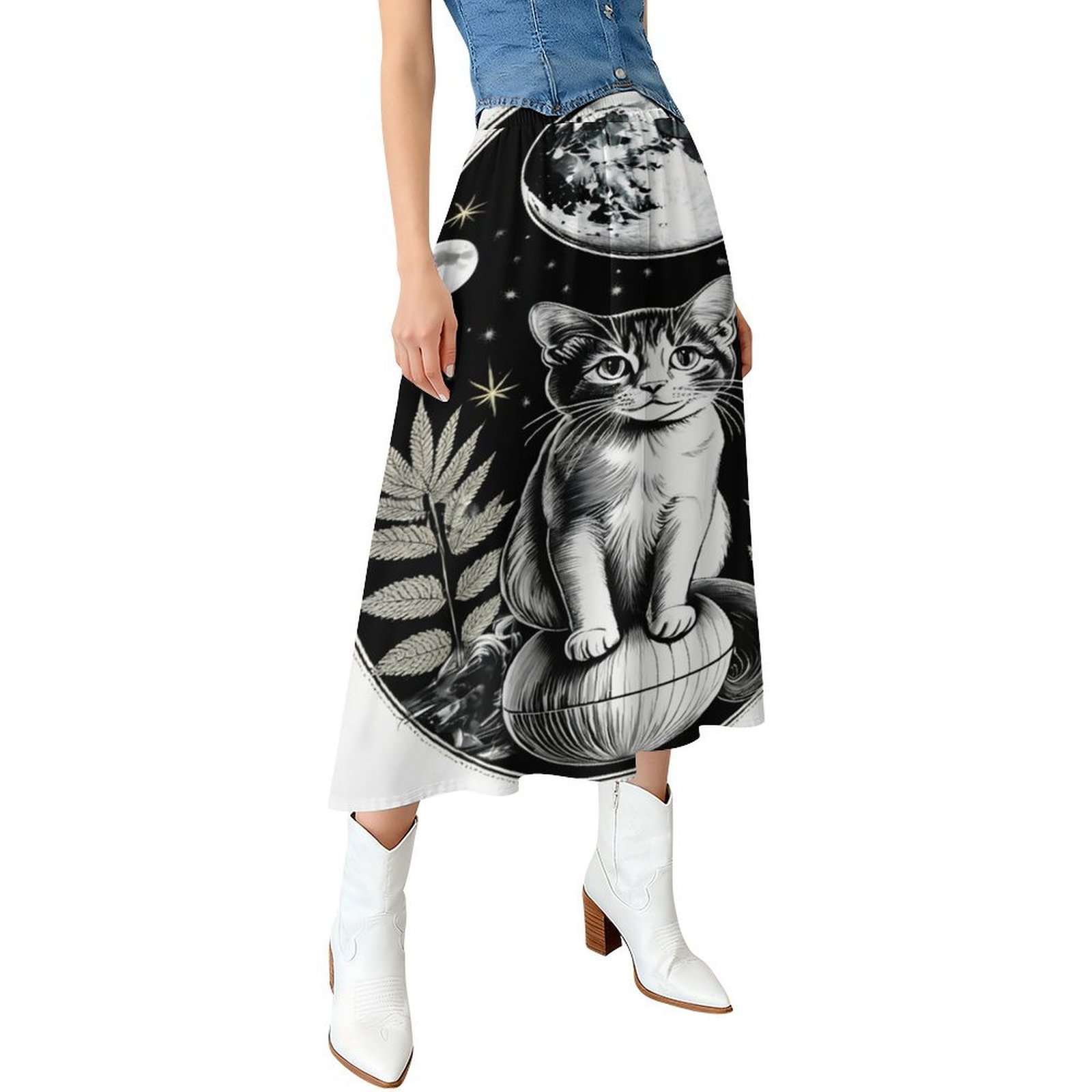 Cat Moon Phases Tattoo Design Women High Waist Midi Skirt Elegant Midi ...