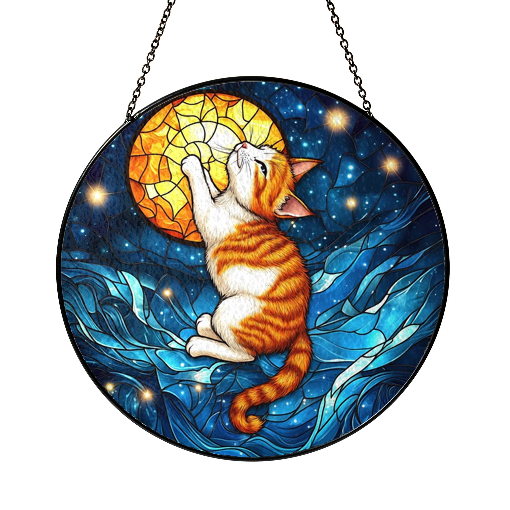 Cat Moon Scene Suncatcher – Decorative Faux Stained Glass Window Art ...