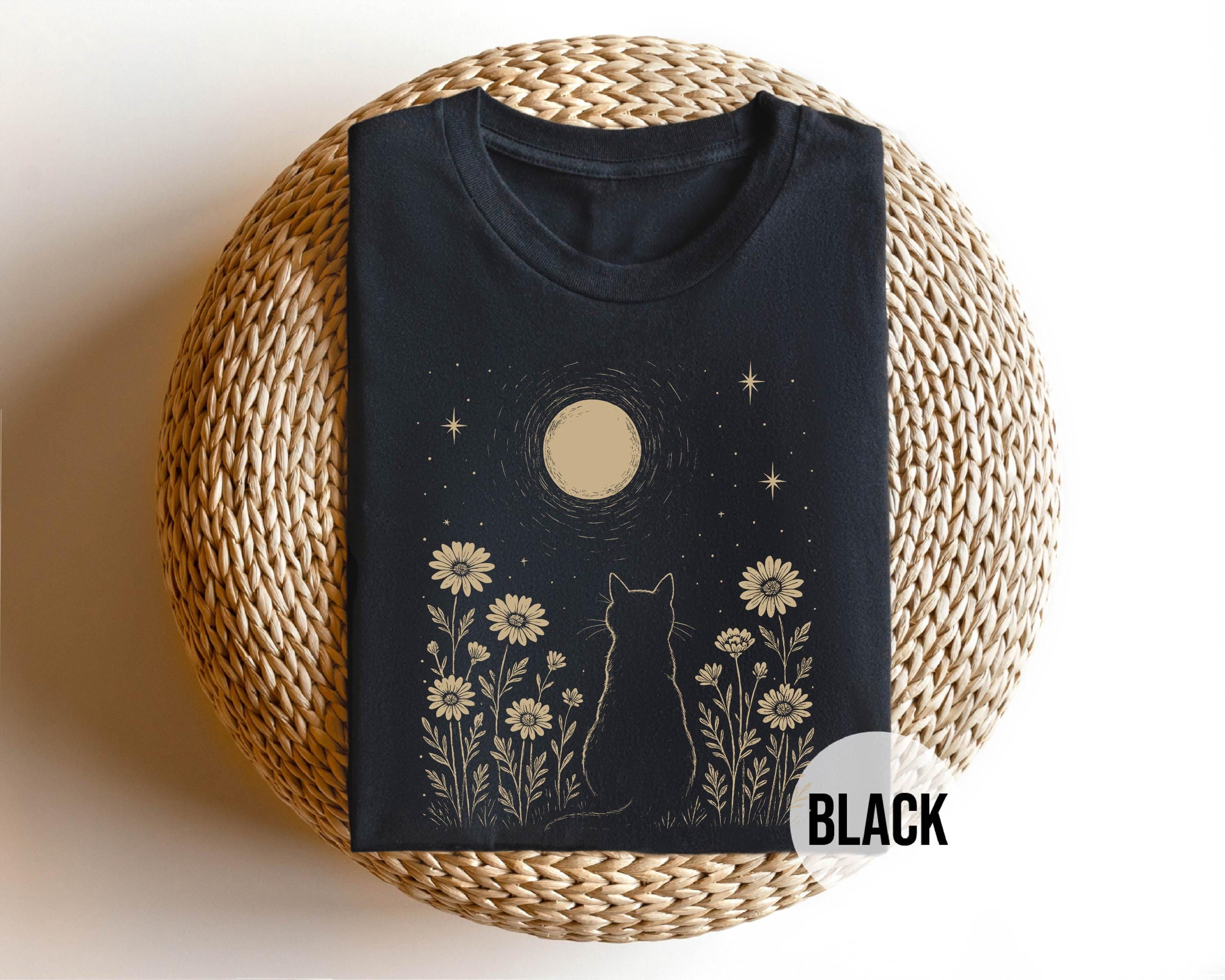 Cat Moon Shirt, Minimalist Cat Lover T-Shirt, Night Sky Floral Tee ...