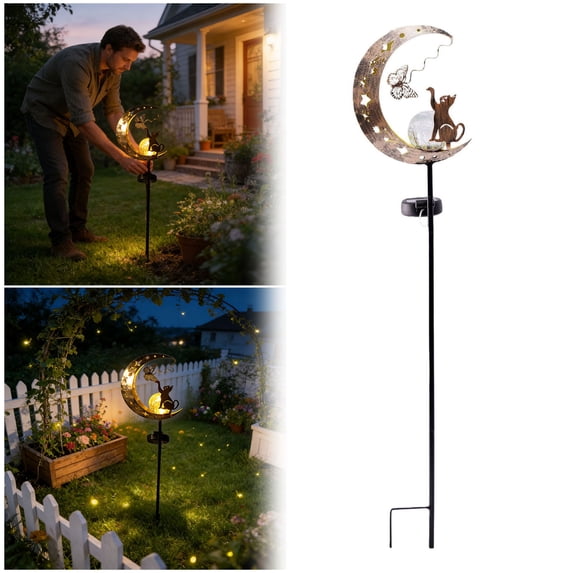 Cat & Moon Solar Garden Stake Light 33" Metal LED Outdoor Decor Weather ...