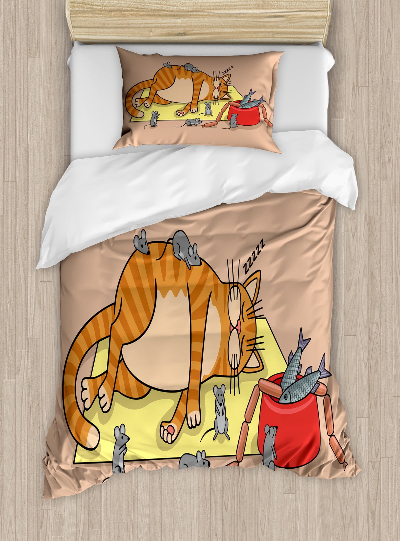 Cat and Mouse Duvet Cover Set, Colorful Cartoon Image of a Big Lazy ...