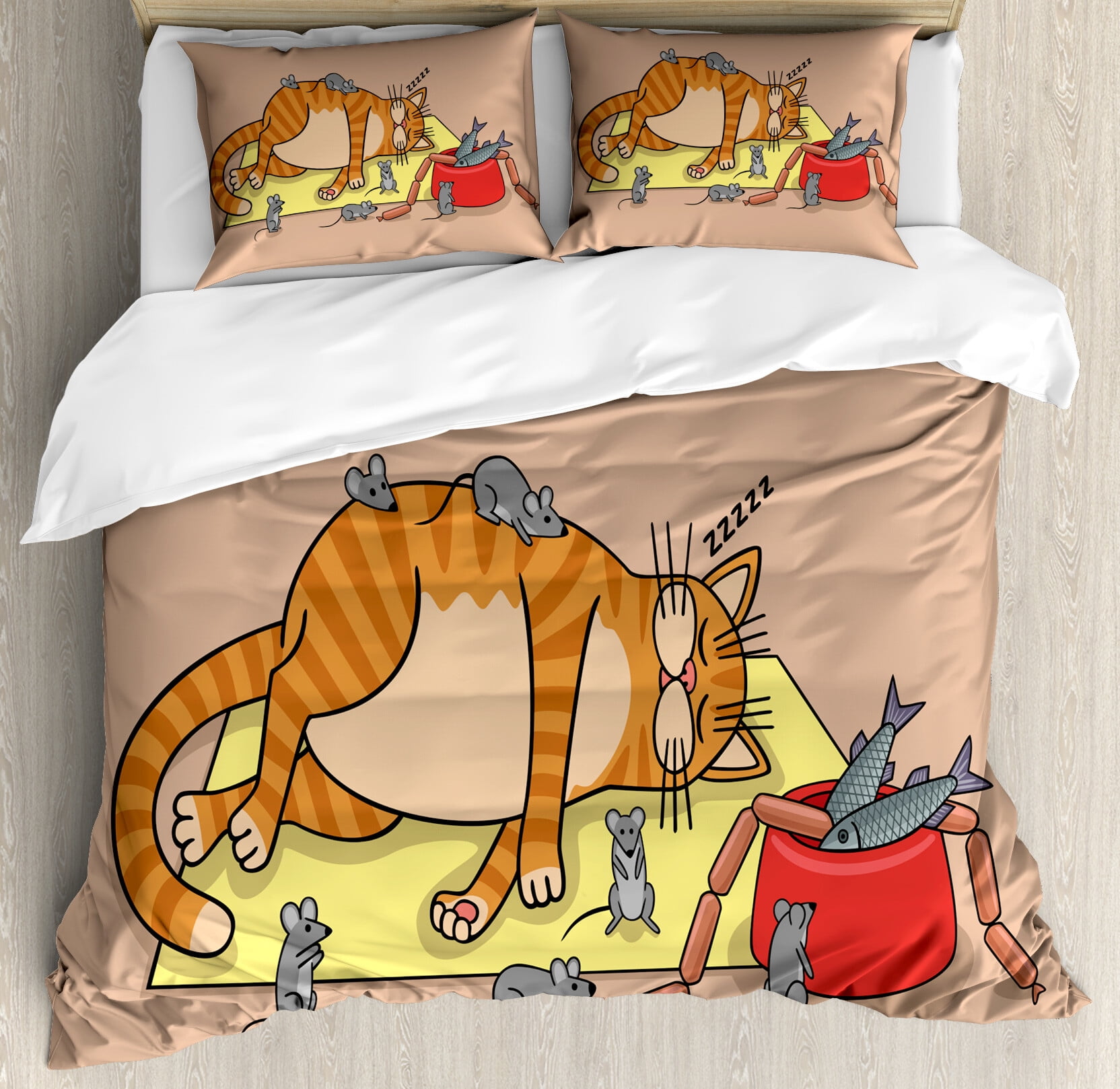 Cat and Mouse Duvet Cover Set, Colorful Cartoon Image of a Big Lazy ...