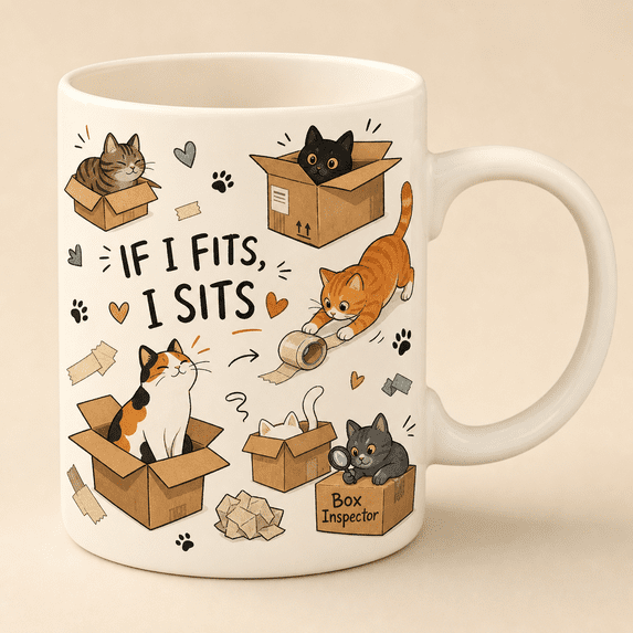 Cat Mug If I Fits I Sits 2D Flat Mug, Funny Cat Box Obsession Gift for ...