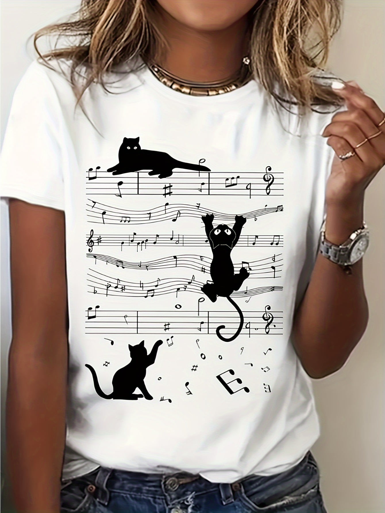 Cat & Music Note Graphic Crew Neck Causal Top, Short Sleeves Sports Tee ...
