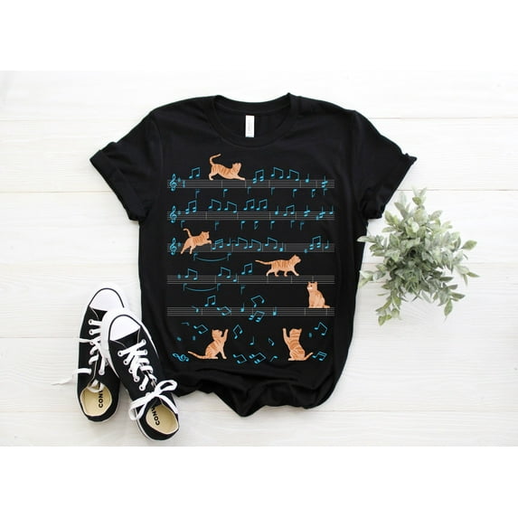 Cat Music Notes Graphic Tee, Musical Kitty Art Shirt, Cute Cat Melody ...