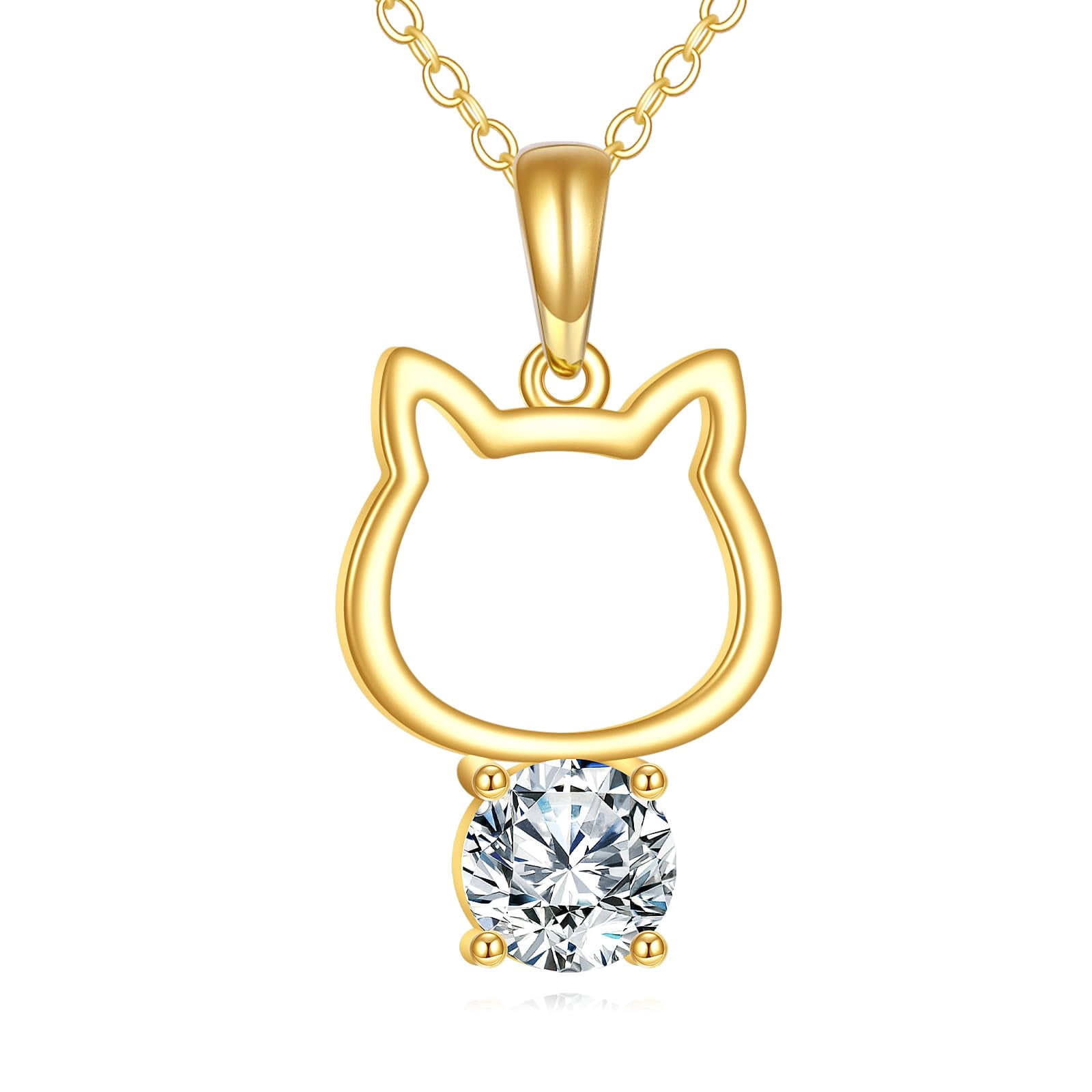 Cat Necklace for Women 14K Yellow Gold Openwork Cat Zircon Jewelry ...