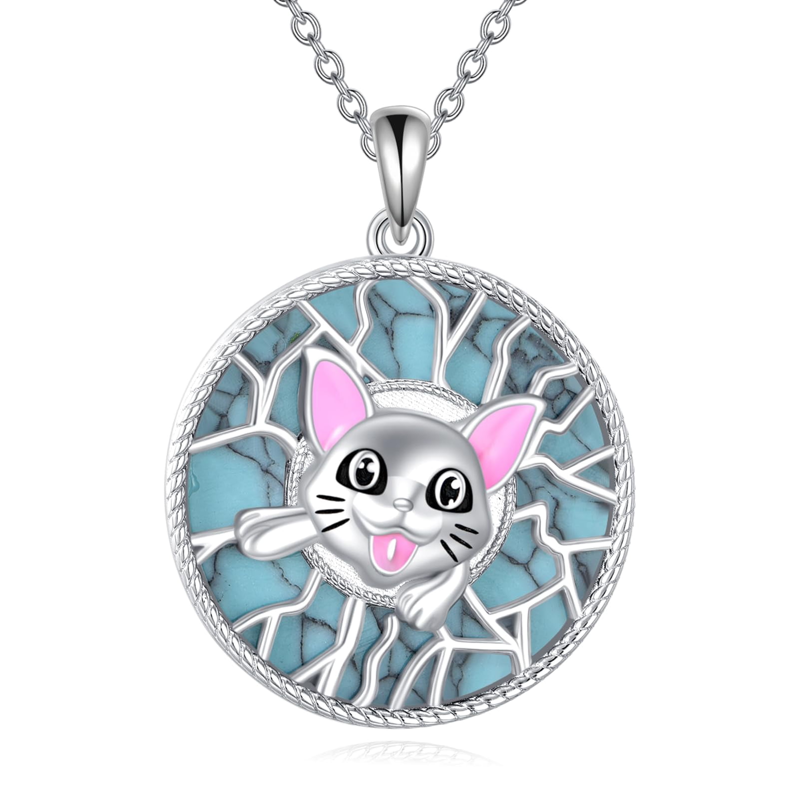 Cat Necklace for Women 925 Sterling Silver Turquoise Pendant Cat ...