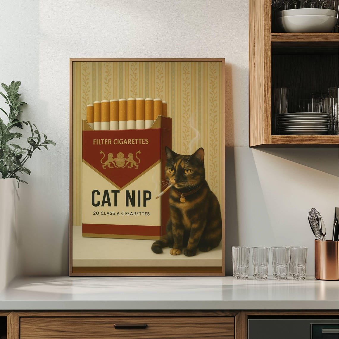 Cat Nip Cigarette Print, Funny Smoking Cat Wall Art, Retro Tuxedo Cat ...