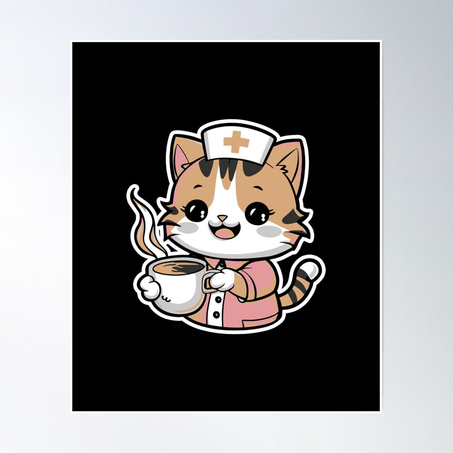 Cat Nurse With Coffee Cute Anime Kawaii Nursing Scrubs Poster Wall Art ...