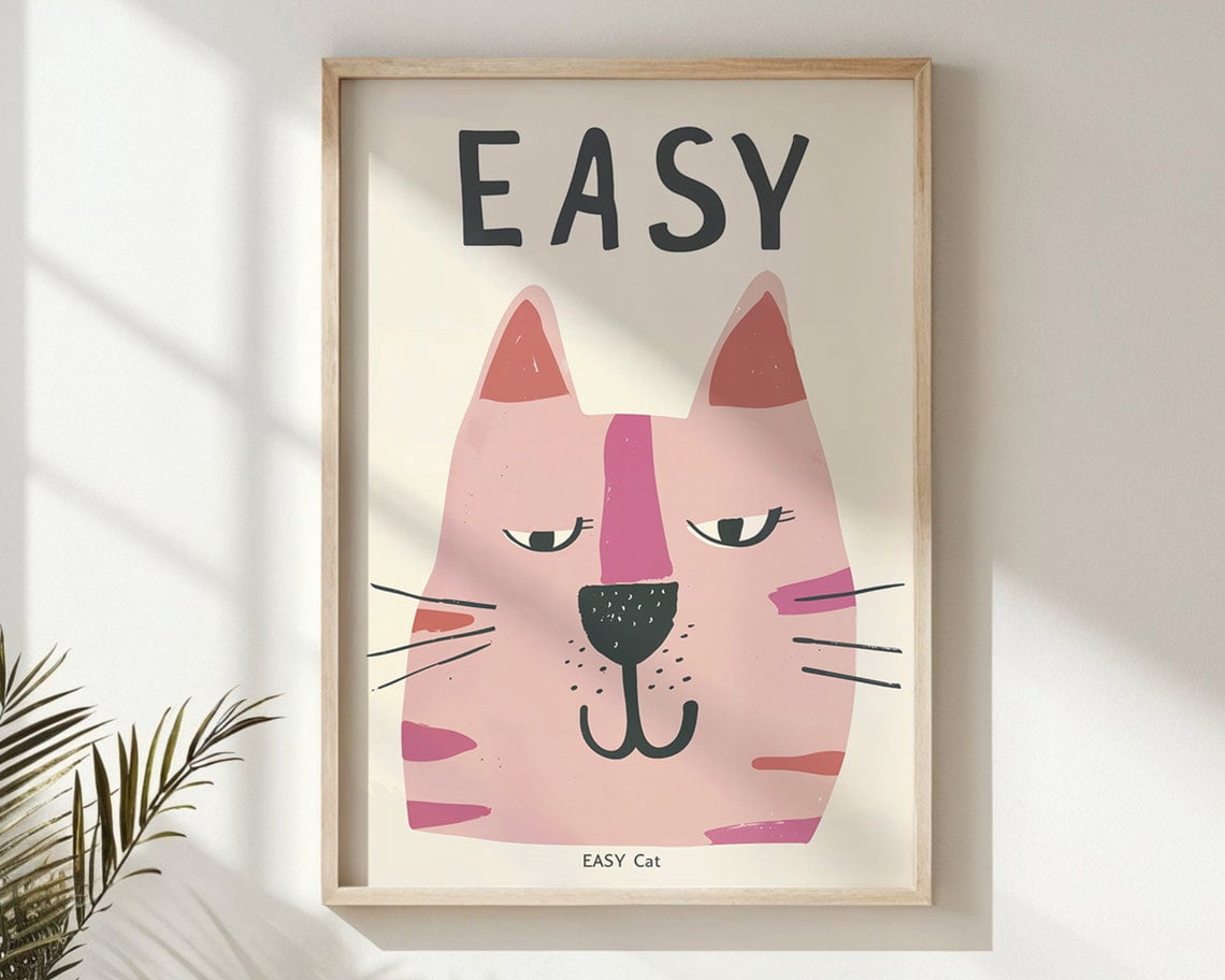 Cat Nursery Wall Art Pink Feline Kids Room Decor Playful Kitten Poster ...
