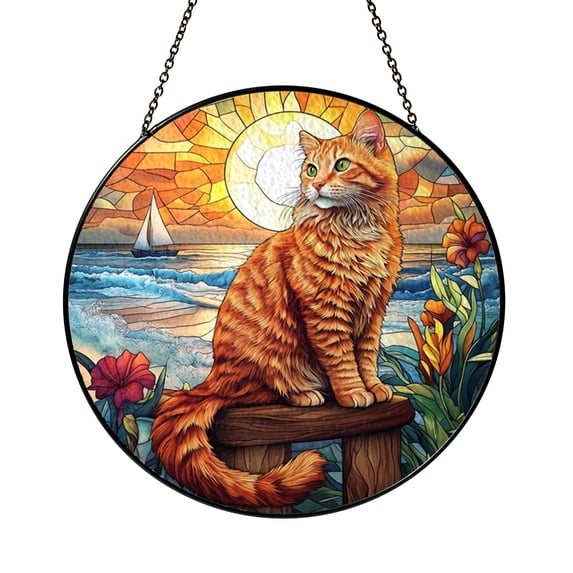 Cat Ocean Sunset Stained Glass Style Window Suncatcher - Walmart.com