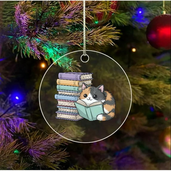 Cat On Books Pets Cats Reading Book Nerd Read Reader Bookcat Ornament, Home Decoration, Circle ...