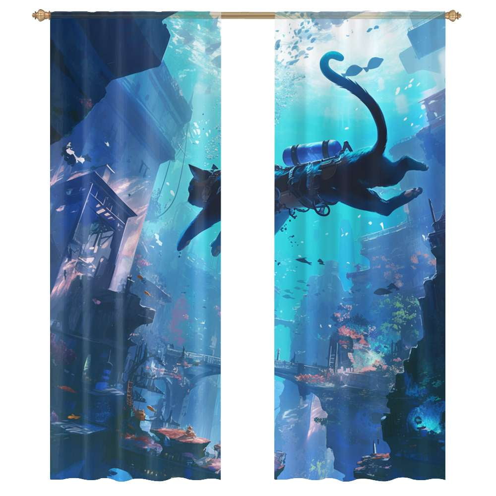Cat On Diving Adventure Modern Tulle Window Curtains for Living Room ...