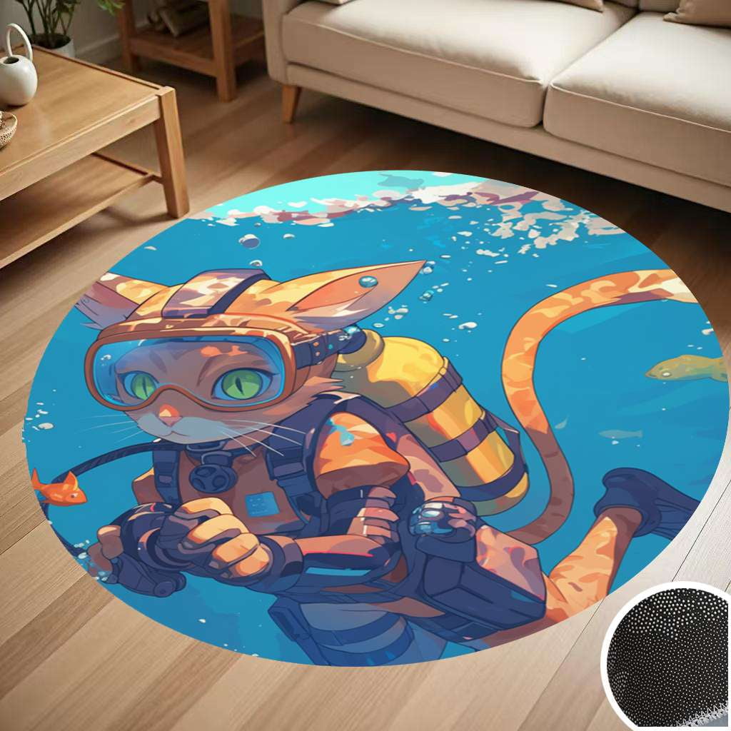 Cat On Diving Adventure Round Carpet Living Room Bedroom Home ...