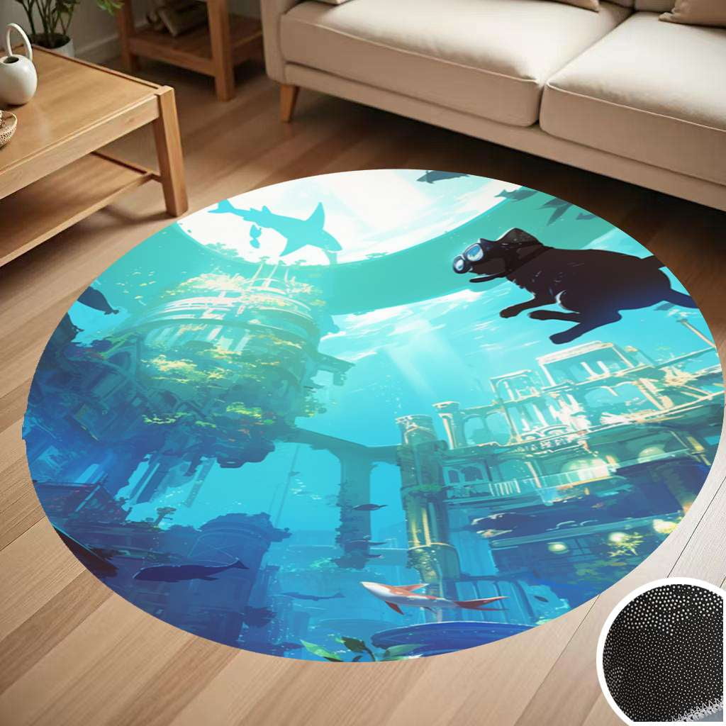 Cat On Diving Adventure Round Carpet Living Room Bedroom Home ...