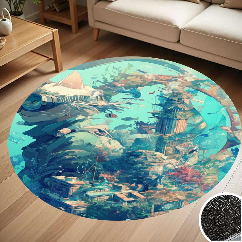 Cat On Diving Adventure Round Carpet Living Room Bedroom Home ...
