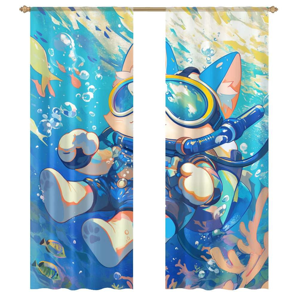 Cat On Diving Adventure Sheer Voile Curtain Window Tulle Curtains For ...