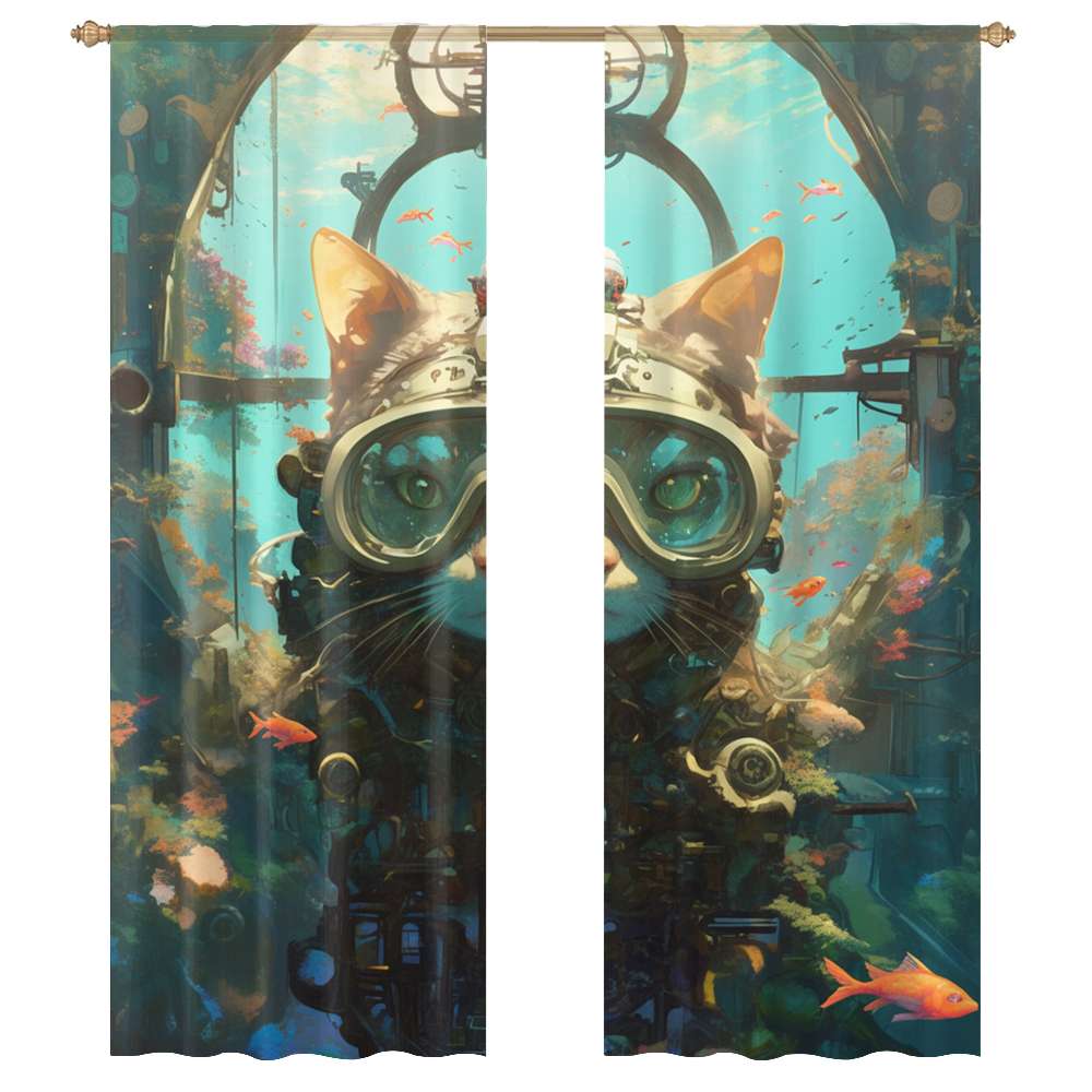 Cat On Diving Adventure Sheer Voile Curtain Window Tulle Curtains For ...