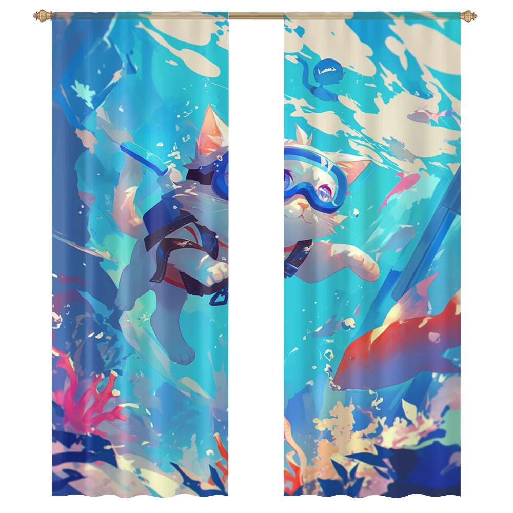 Cat On Diving Adventure Sheer Voile Curtain Window Tulle Curtains For ...