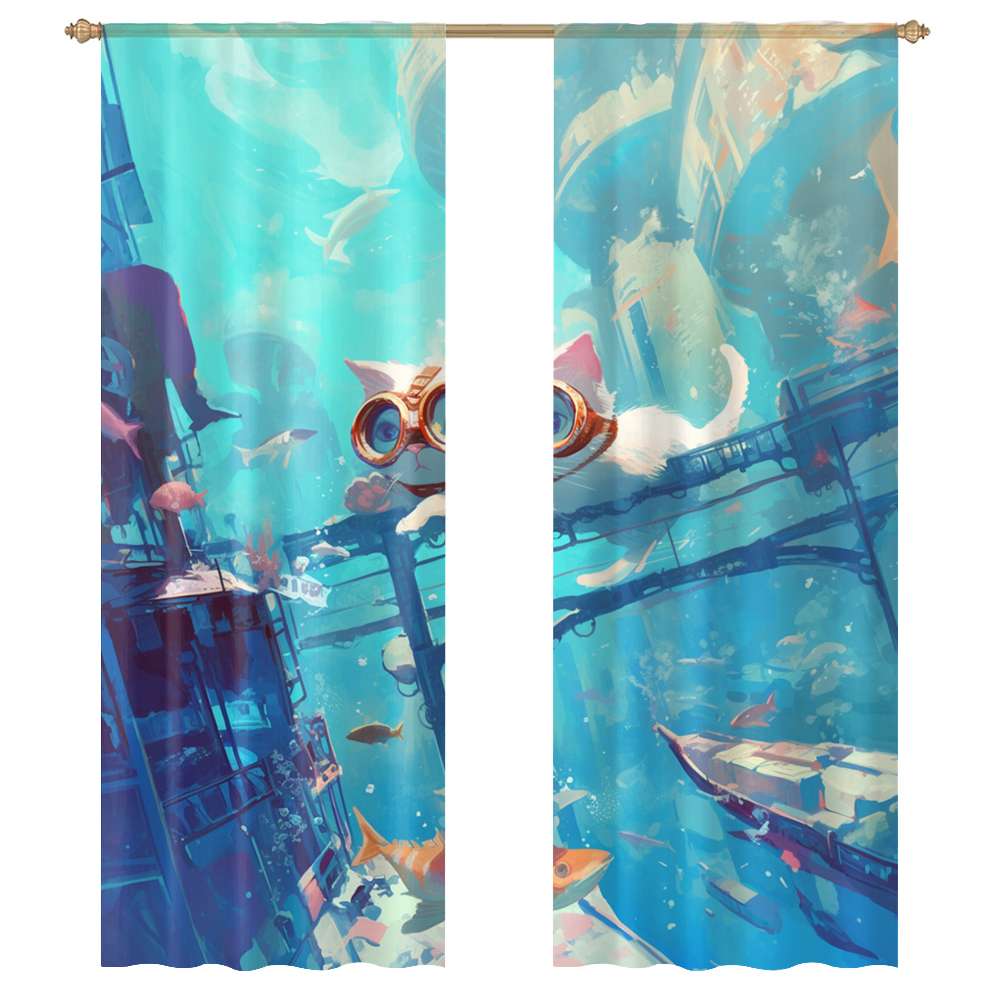 Cat On Diving Adventure Sheer Window Curtains for Living Room Kitchen ...