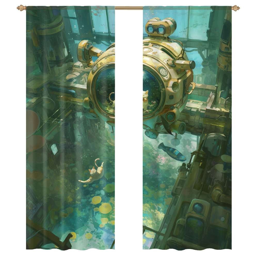 Cat On Diving Adventure Sheer Window Curtains for Living Room Kitchen ...