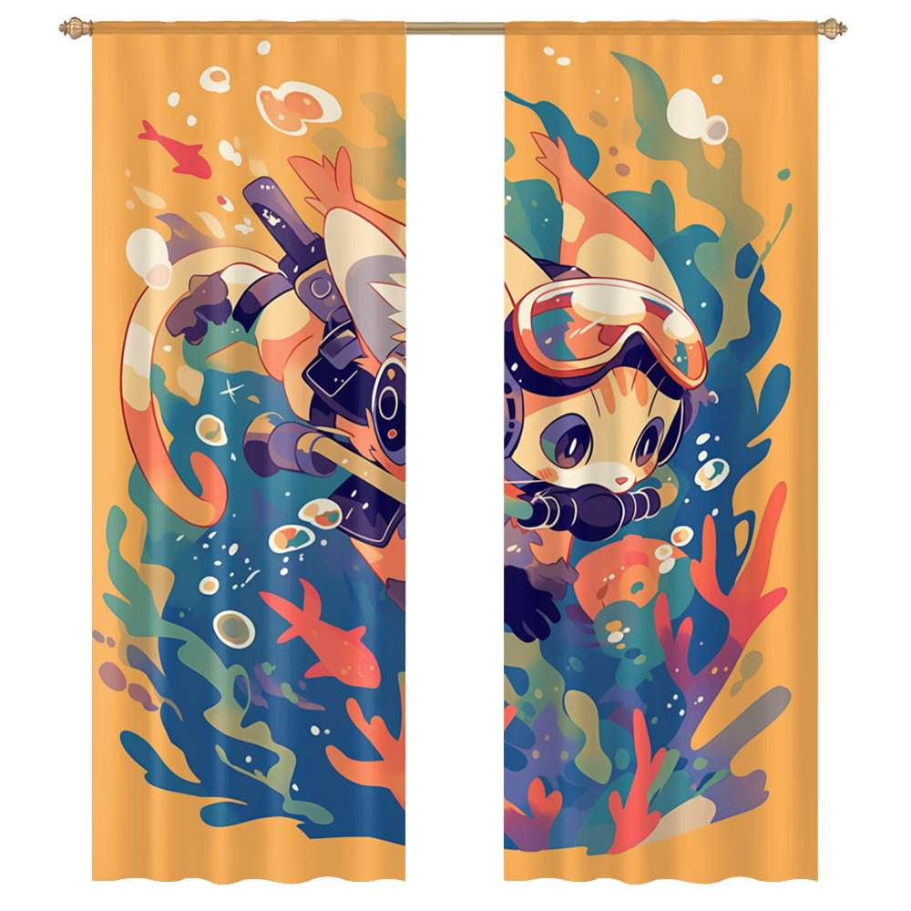 Cat On Diving Adventure Tulle Curtains For Living Room Chiffon Sheer ...