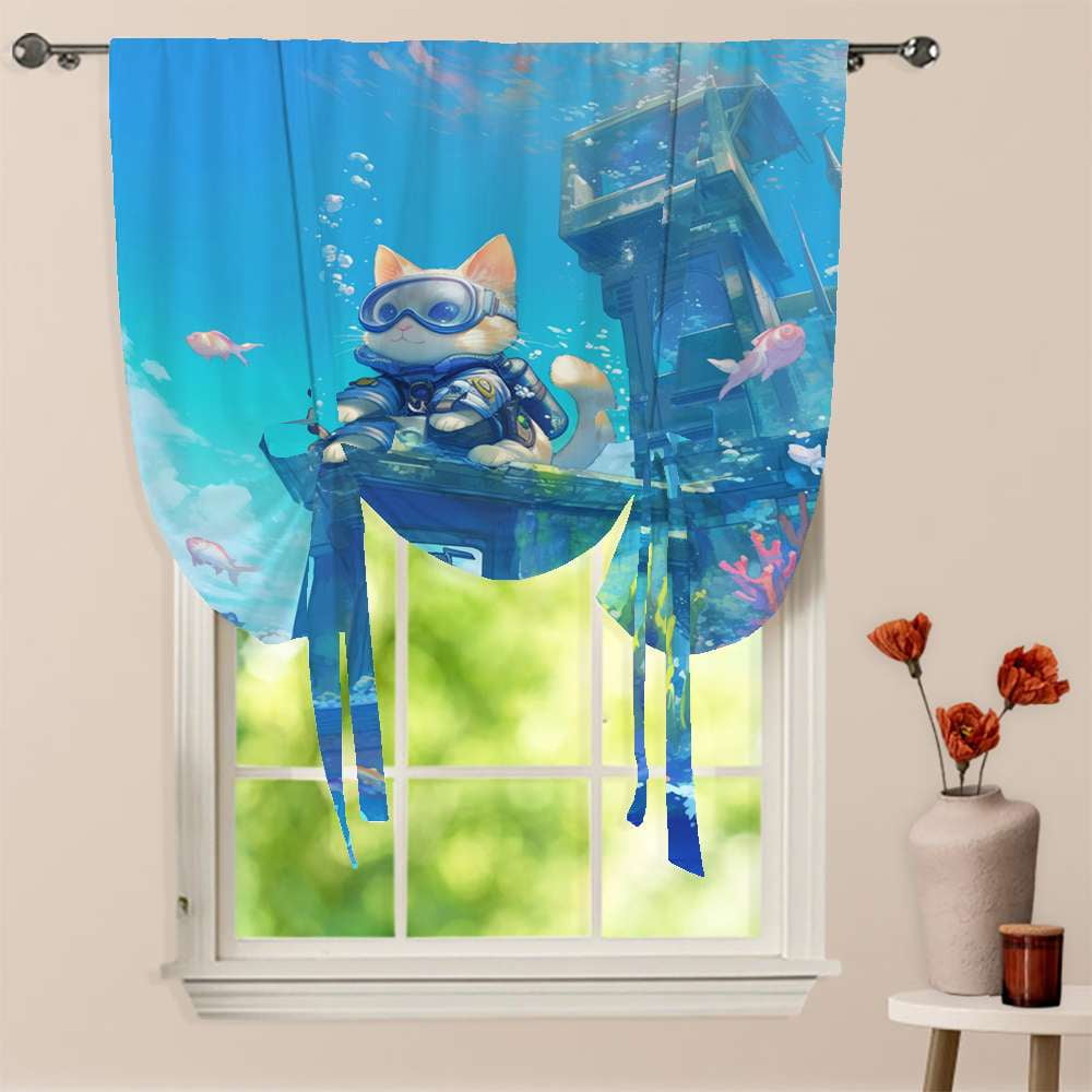 Cat On Diving Adventure Window Curtain for Living Room Roman Curtain ...