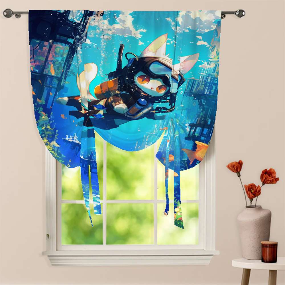 Cat On Diving Adventure Window Curtain for Living Room Roman Curtain ...