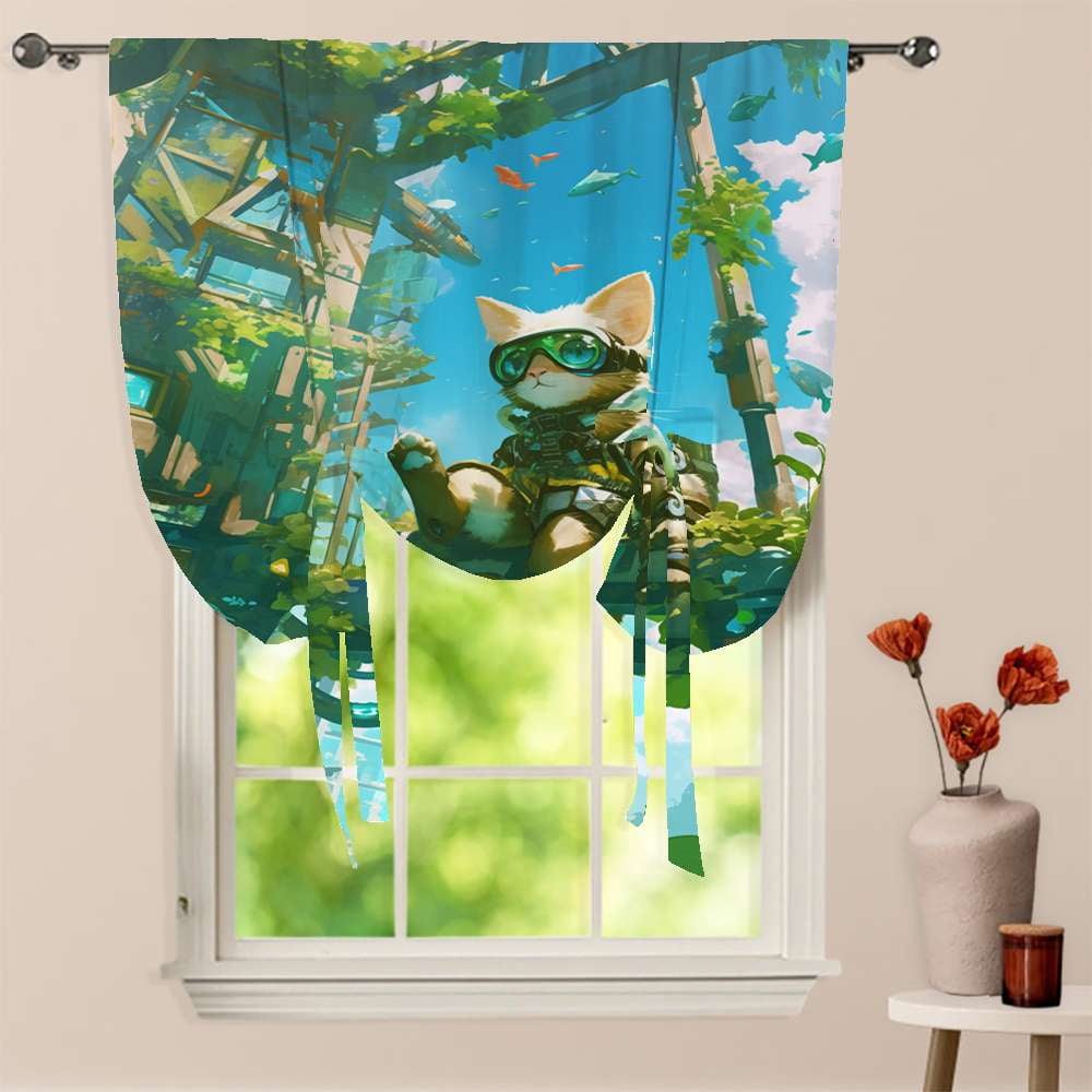 Cat On Diving Adventure Window Curtain for Living Room Roman Curtain ...