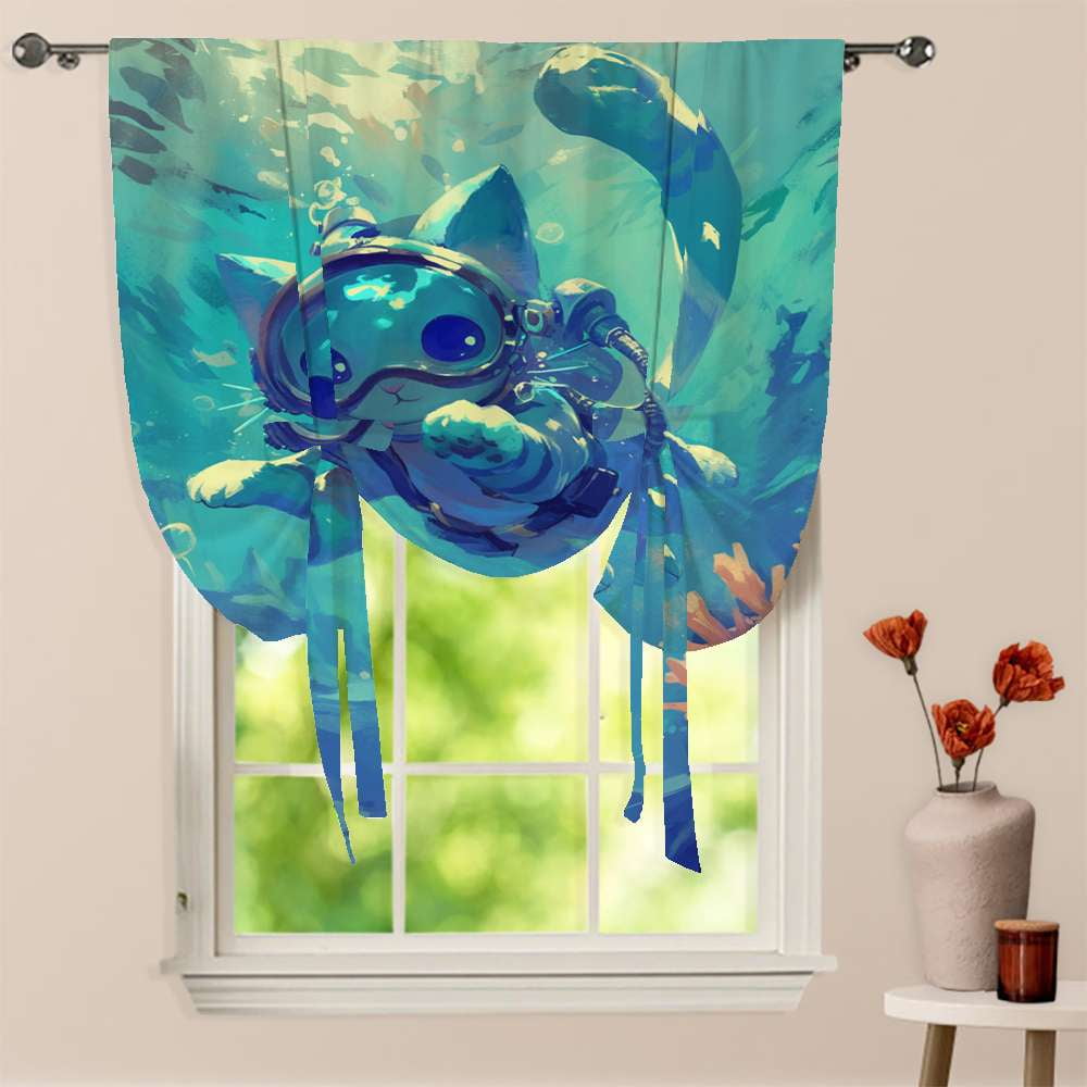 Cat On Diving Adventure Window Curtain for Living Room Roman Curtain ...