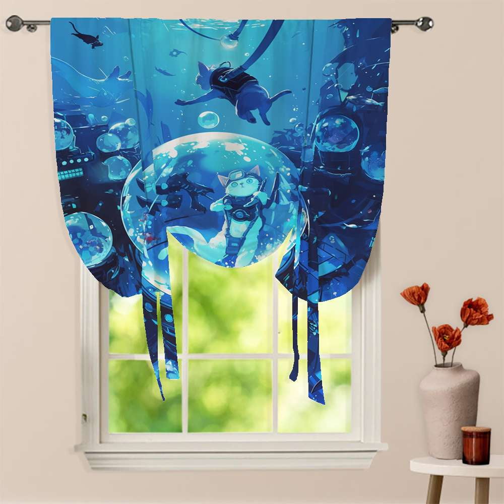 Cat On Diving Adventure Window Curtain for Living Room Roman Curtain ...