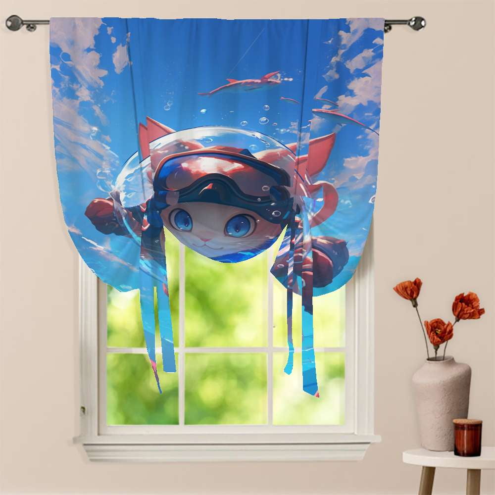 Cat On Diving Adventure Window Curtain for Living Room Roman Curtain ...