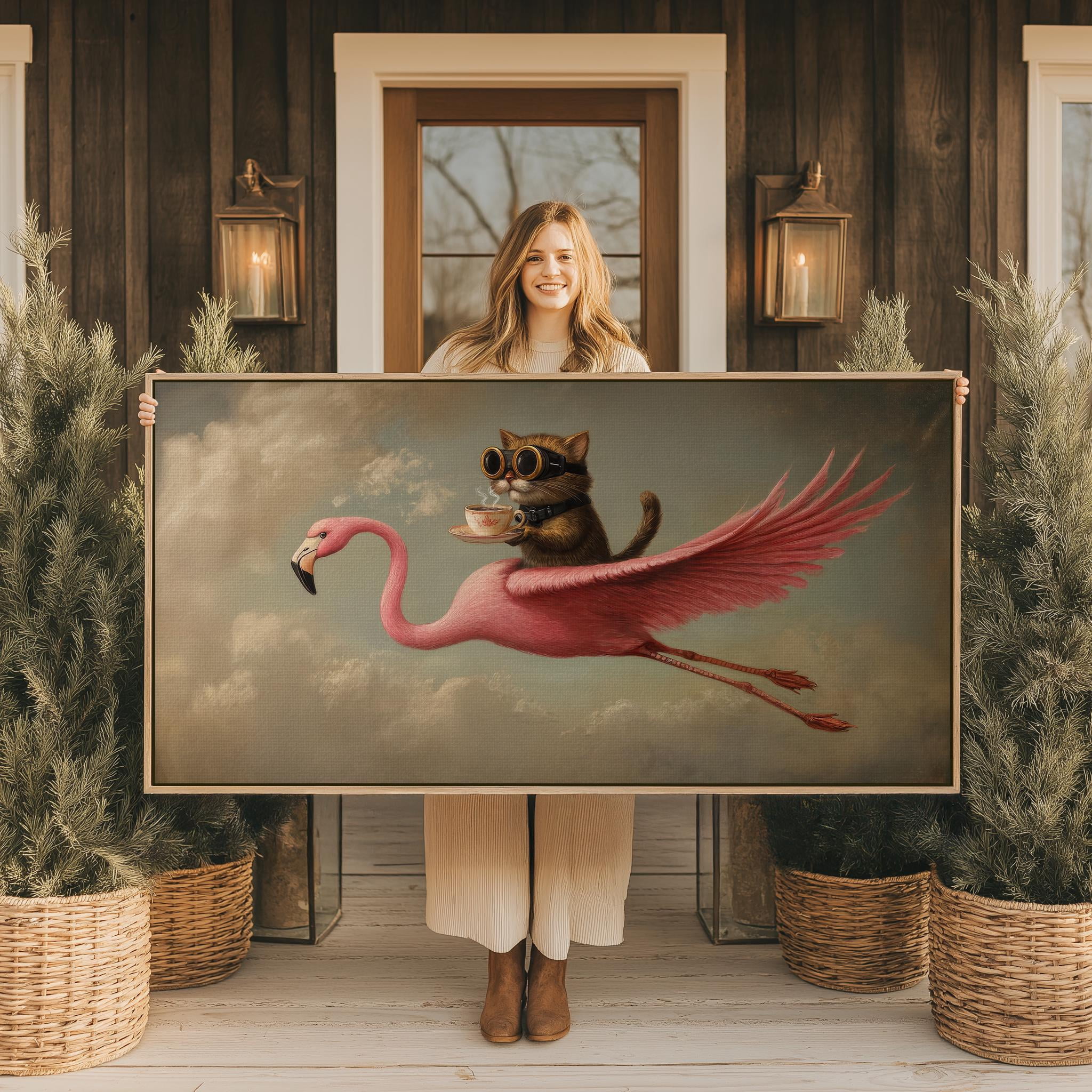 Cat On Flamingo Print: Whimsical Vintage Style Animal Wall Decor With ...