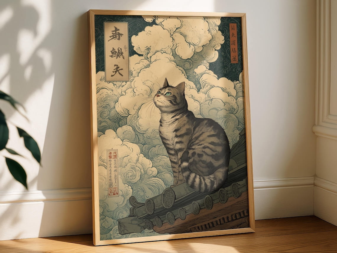 Cat On Temple Roof Japanese Night Scene Stormy Sky Illustration ...