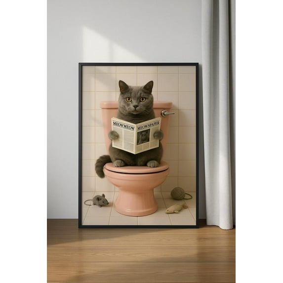 Cat On Tet Reading A Newspaper Poster, Poster, Cute Bathroom Poster ...