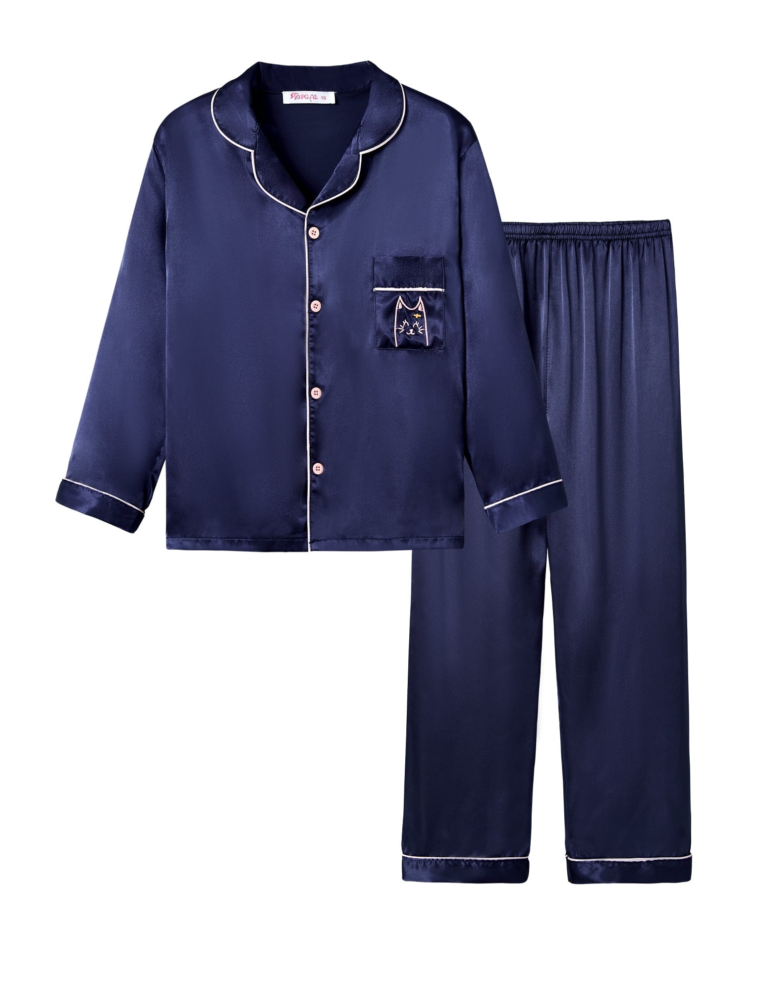 Cat Pajamas for Girls – Satin Silk Button Up Cute Coat Style Pyjama ...