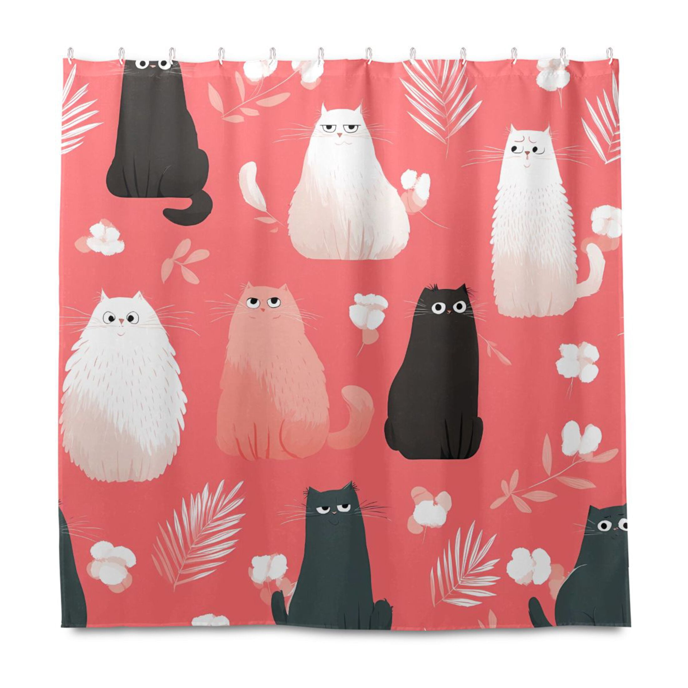 Cat Palm Leaf Pattern Shower Curtain Liners Waterproof 72 Inch with C ...