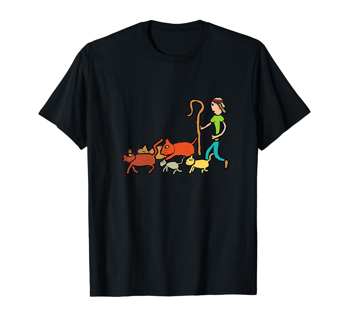 Cat Parade Graphic Tee Person Leading Group of Cats Cartoon Style Pet ...