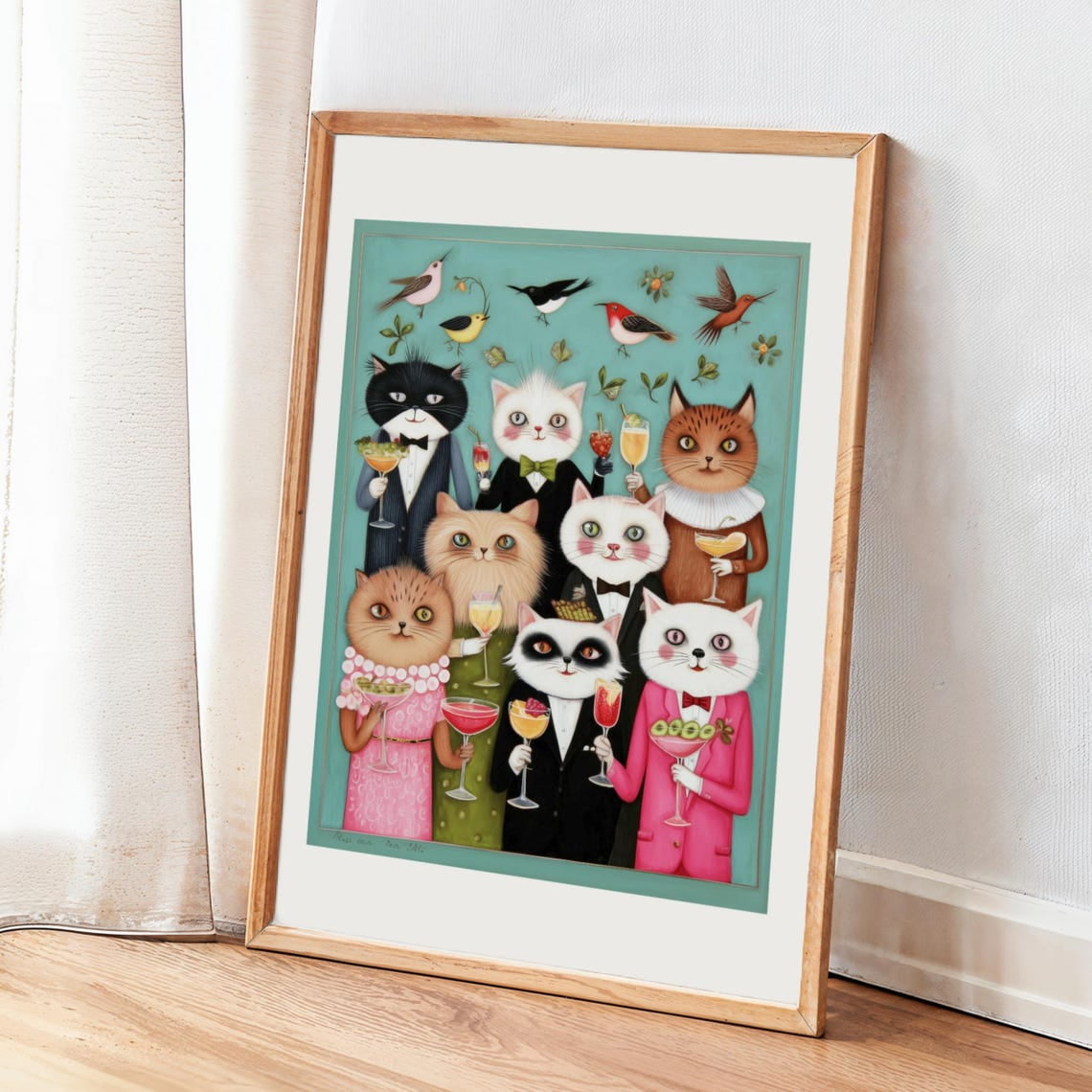 Cat Party Art Print, Quirky Cats With Birds Print Home Decor UNFRAMED ...