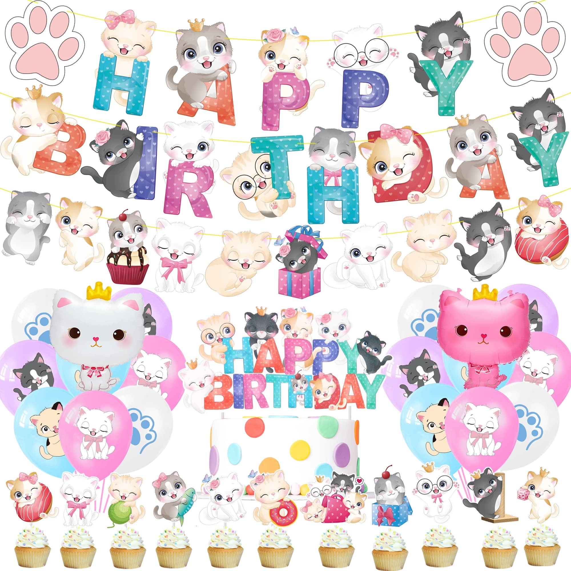 Cat Party Decoration - Cute Cartoon Kitten Pattern Happy Birthday ...